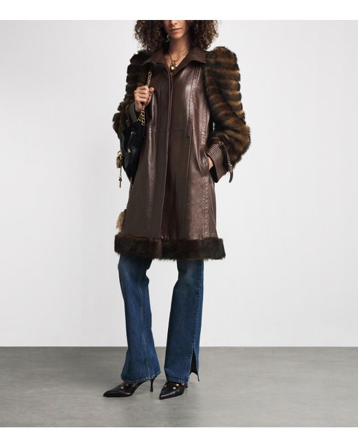 Chloé Leather Fur-Trim Coat in Brown | Lyst UK