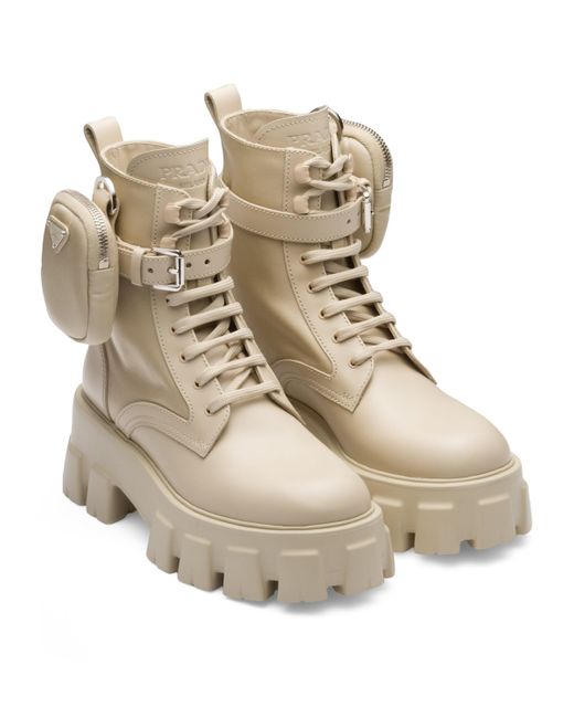 Prada Monolith Lace Up Boots With Pouch in Natural Lyst UK