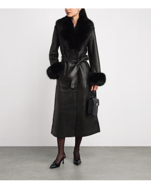 Self-Portrait Leather Faux Fur-Trim Coat in Black | Lyst