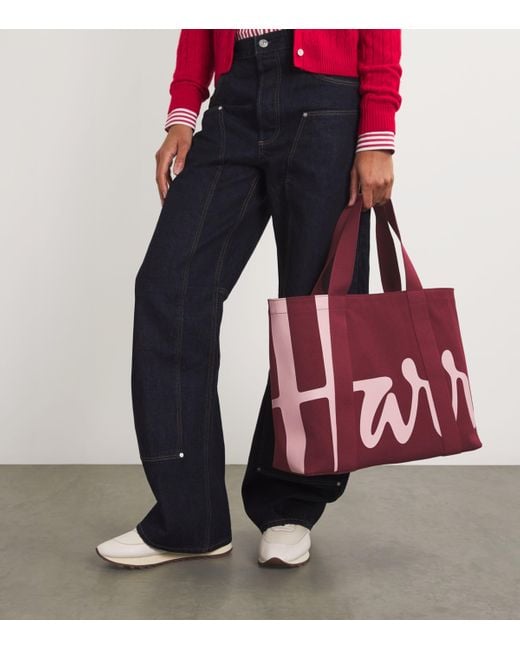 Harrods Medium Cotton Logo Tote Bag in Red | Lyst