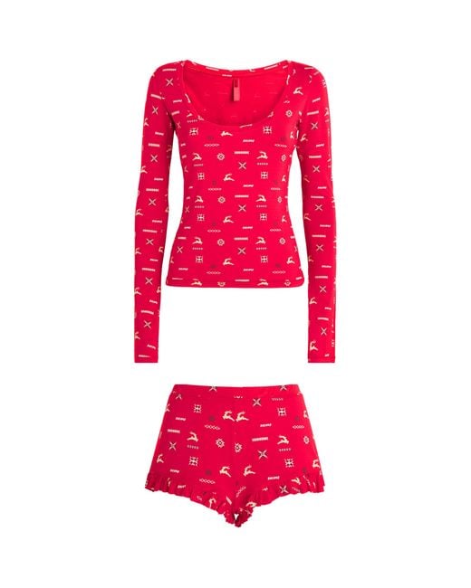 Skims Modal-Blend Festive Print Pyjama Top in Pink | Lyst UK