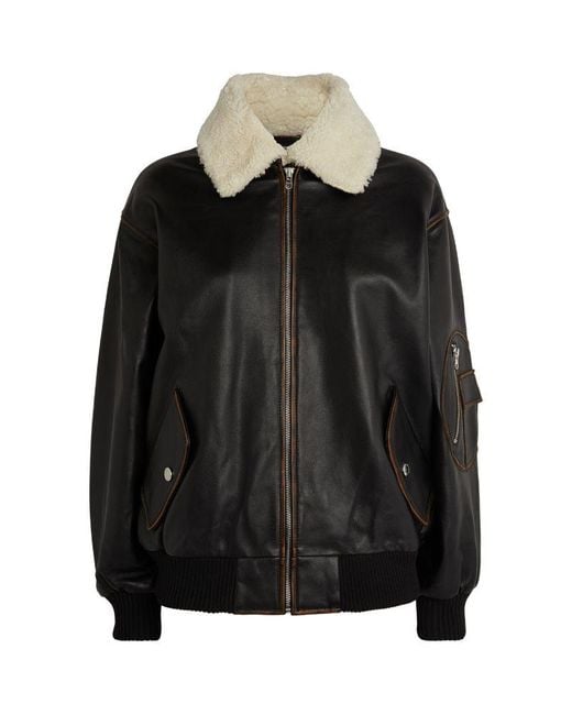 Sandro Leather Shearling Bomber Jacket in Black | Lyst UK