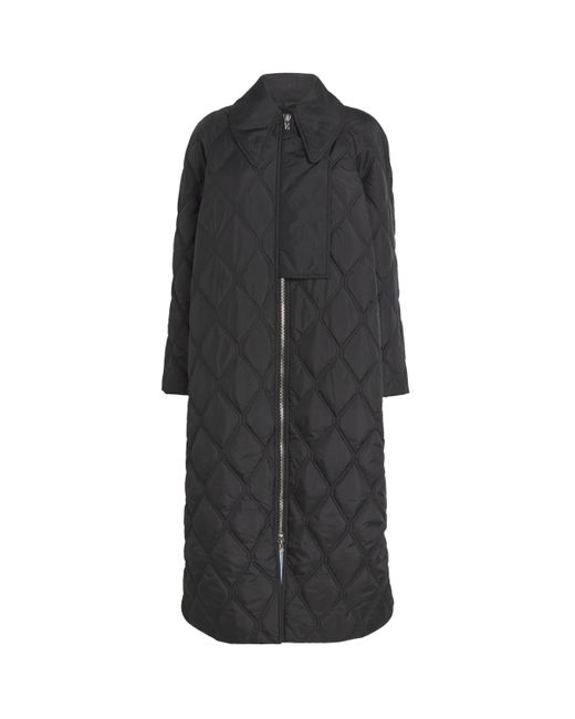 Ganni Quilted Ripstop Longline Coat in Black | Lyst