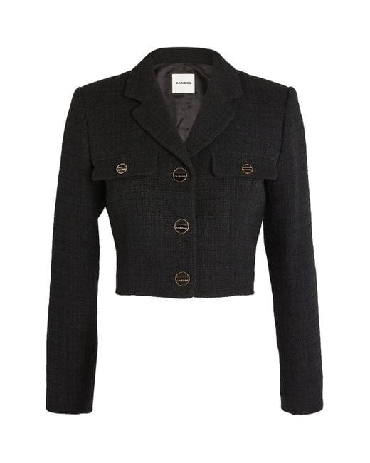 Sandro Tweed Cropped Jacket in Black | Lyst