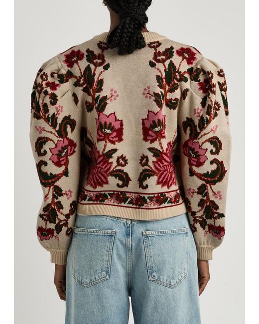 FARM Rio Ravenala Floral-Intarsia Knitted Cardigan in Red | Lyst
