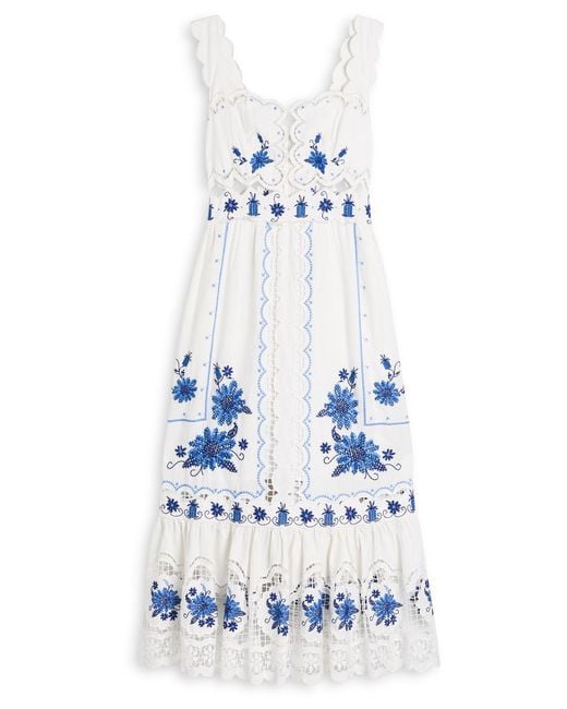 FARM Rio Floral-Embroidered Linen-Blend Midi Dress in White | Lyst