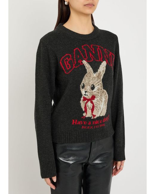 Ganni Logo-Intarsia Wool-Blend Jumper in Black | Lyst UK