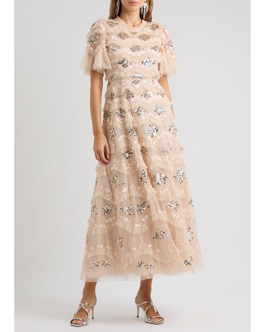 Needle & Thread Daisy Wave Embellished Ruffled Tulle Gown in Natural ...