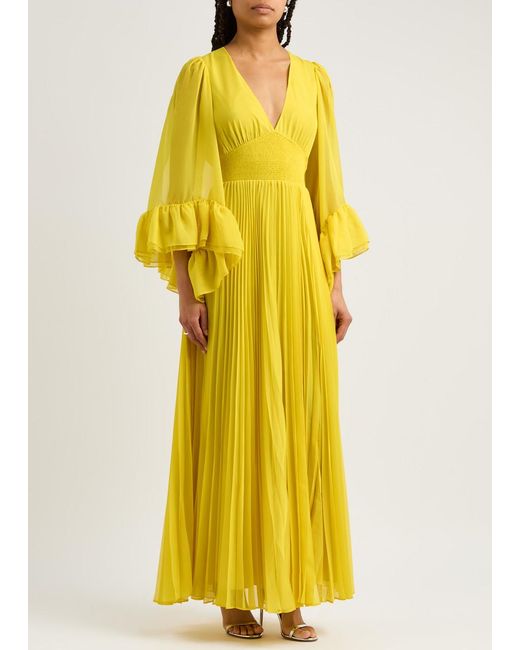 Alice + Olivia Pleated Chiffon Maxi Dress in Yellow | Lyst