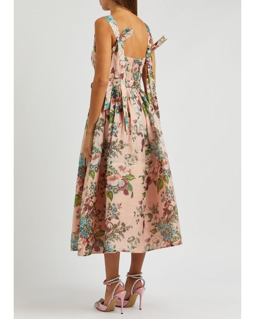 Zimmermann Matchmaker Floral-print Linen-blend Midi Dress in Natural | Lyst