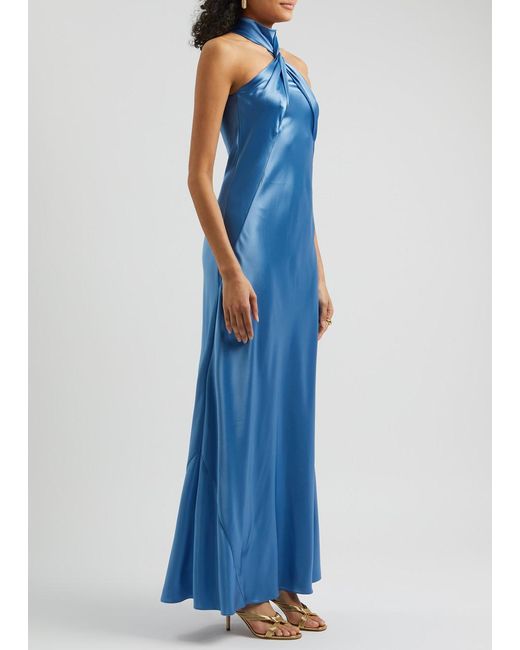 Galvan London Portico Halterneck Satin Gown in Blue | Lyst