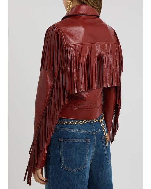 Chloé Fringed Glossed Leather Jacket in Red | Lyst