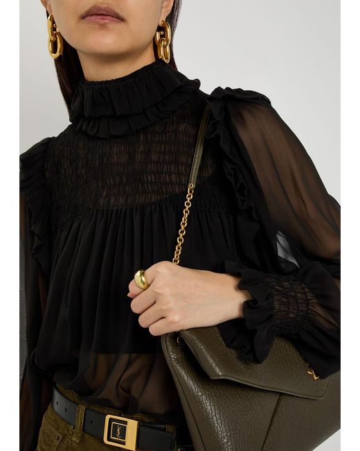 Saint Laurent Ruffled Sheer Silk Blouse in Black | Lyst