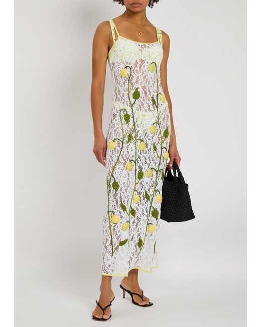 Leslie Amon Under The Lemon Tree Embroidered Midi Dress in White | Lyst