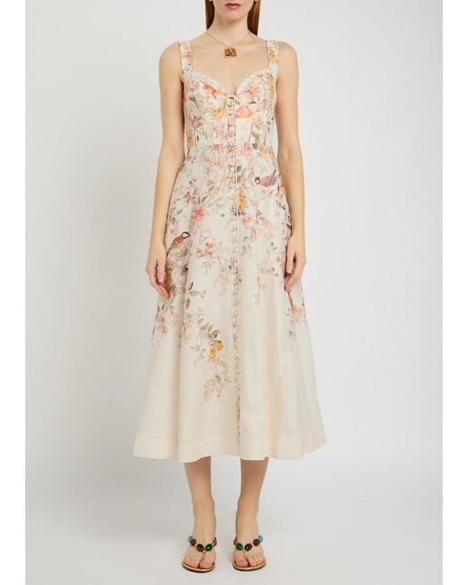 Zimmermann Luna Floral-Print Linen Midi Dress in Natural | Lyst