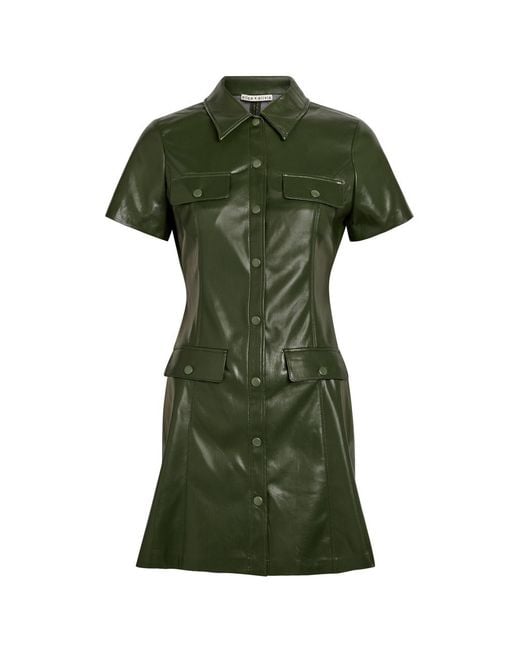 Alice + Olivia Jamie Faux Leather Mini Shirt Dress in Green | Lyst UK