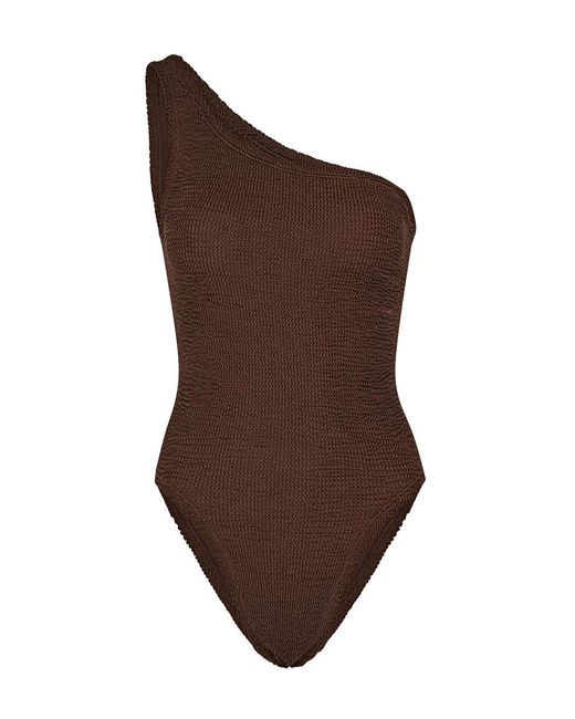 Hunza G Nancy One Shoulder Seersucker Swimsuit In Brown Lyst