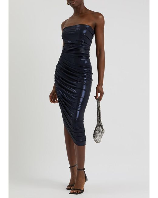 Norma Kamali Diana Strapless Satin-Jersey Midi Dress in Blue | Lyst