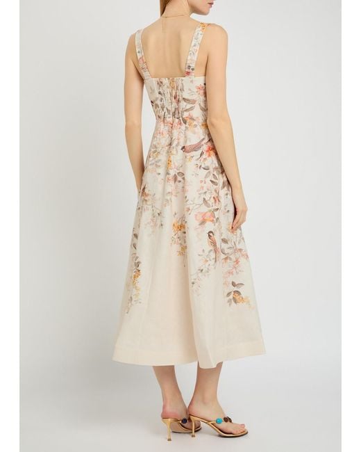 Zimmermann Luna Floral-Print Linen Midi Dress in Natural | Lyst