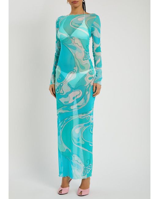 PUCCI Printed Tulle Maxi Cover-Up Dress in Blue | Lyst UK