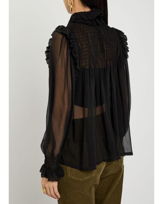 Saint Laurent Ruffled Sheer Silk Blouse in Black | Lyst