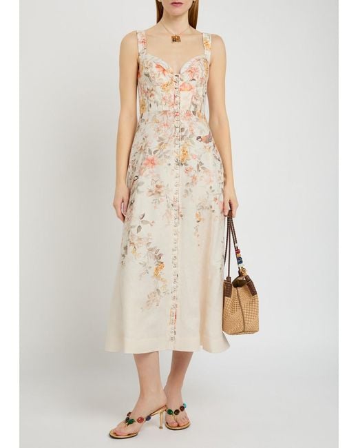 Zimmermann Luna Floral-Print Linen Midi Dress in Natural | Lyst