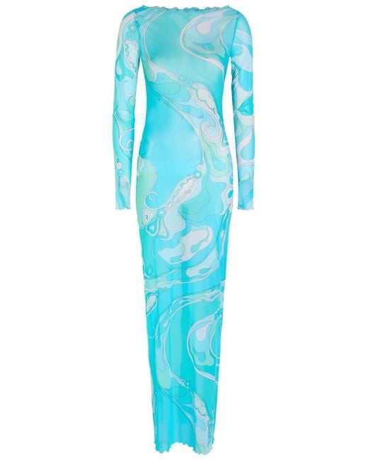 PUCCI Printed Tulle Maxi Cover-Up Dress in Blue | Lyst UK