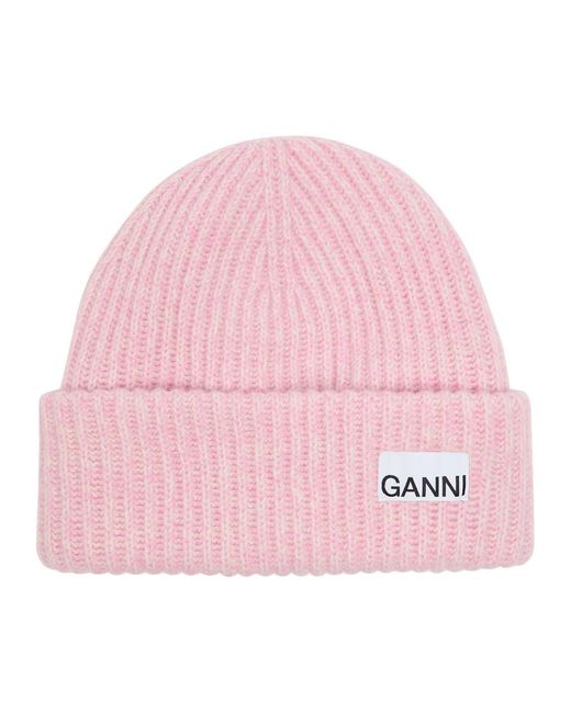 Ganni Logo Ribbed Wool-Blend Beanie in Pink | Lyst UK