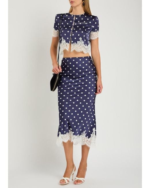 Self-Portrait Polka Dot Lace-Trim Satin Midi Skirt in Blue | Lyst UK