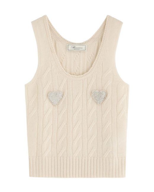 Blumarine Cable-Knit Embellished Wool-Blend Tank in Natural | Lyst