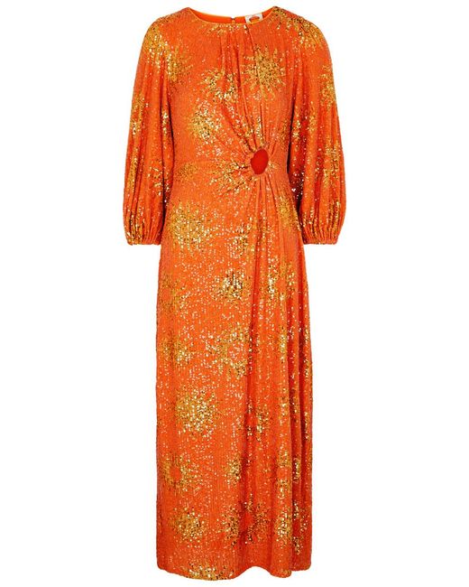 FARM Rio Sunny Mood Sequin-embellished Midi Dress in Orange | Lyst