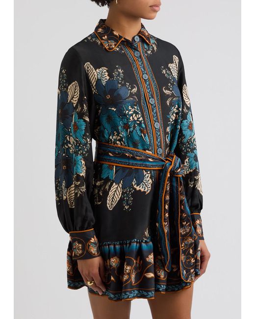 FARM Rio Blossom Tapestry Floral-Print Satin Mini Dress in Blue | Lyst