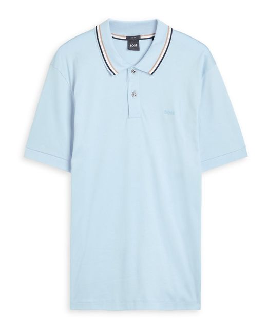 BOSS Stripe-Trimmed Cotton Polo Shirt in Blue for Men | Lyst UK