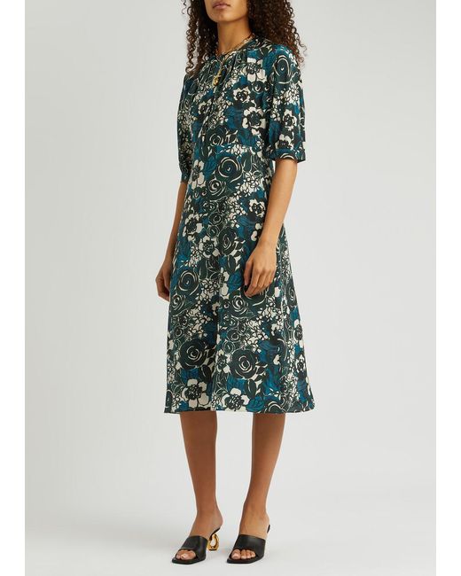Max Mara S Max Mara Bronzo Floral-print Silk Midi Dress in Green | Lyst