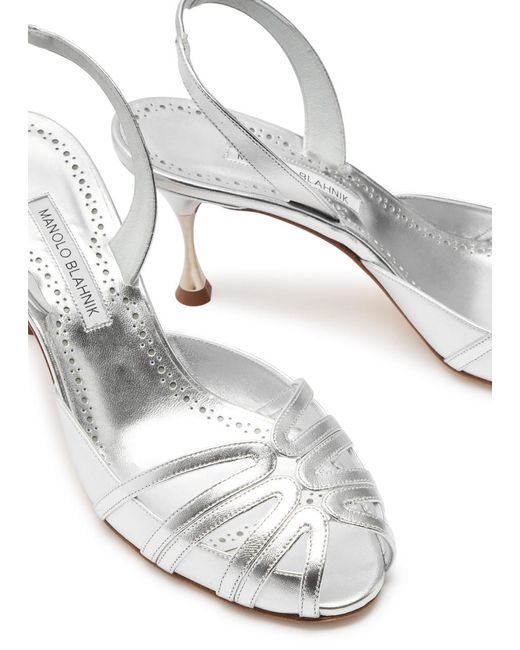 Manolo Blahnik Makanaksli 70 Metallic Leather Slingback Pumps in White ...