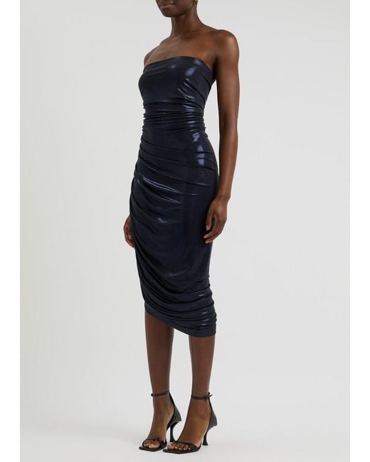 Norma Kamali Diana Strapless Satin-Jersey Midi Dress in Blue | Lyst