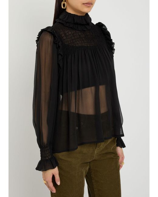 Saint Laurent Ruffled Sheer Silk Blouse in Black | Lyst