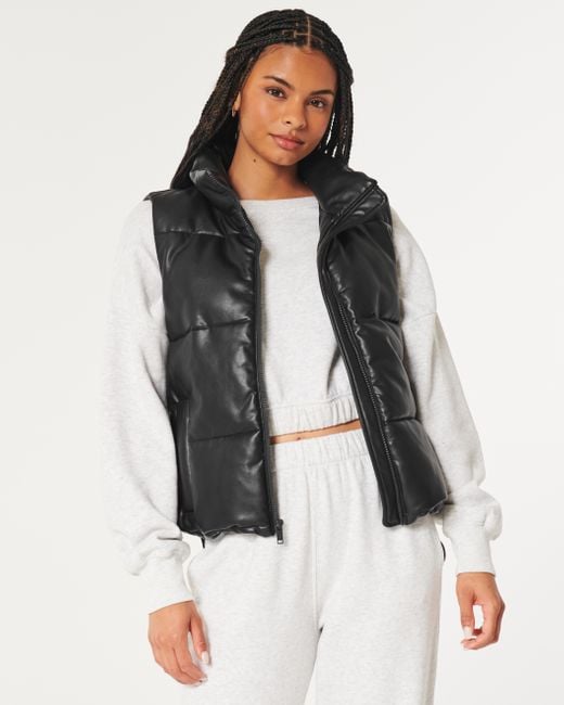 Hollister Ultimate Vegan Leather Puffer Vest in Black | Lyst UK