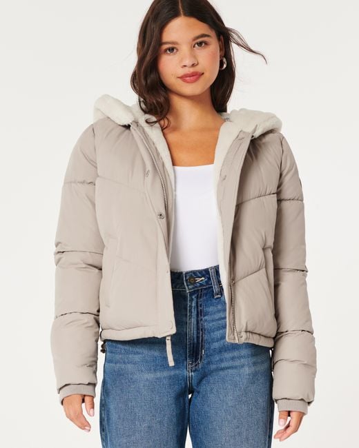 Hollister Ultimate Faux Fur-lined Hooded Puffer Jacket in Grey | Lyst UK