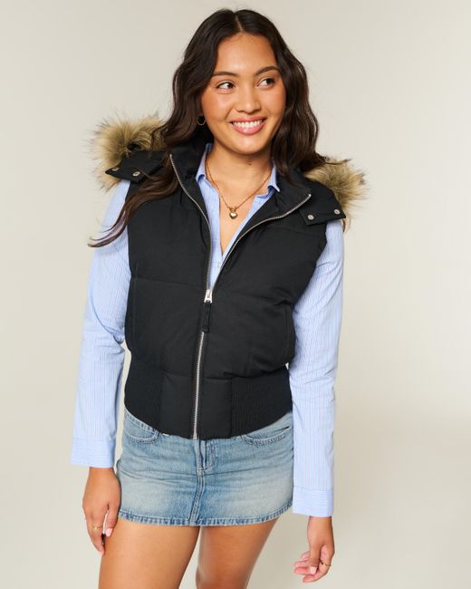 Hollister Faux Fur Trim Hooded Y2k Vest in Black | Lyst UK