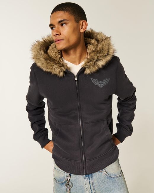 Hollister Faux Fur-lined Skull Graphic Zip-up Hoodie in Black for Men ...