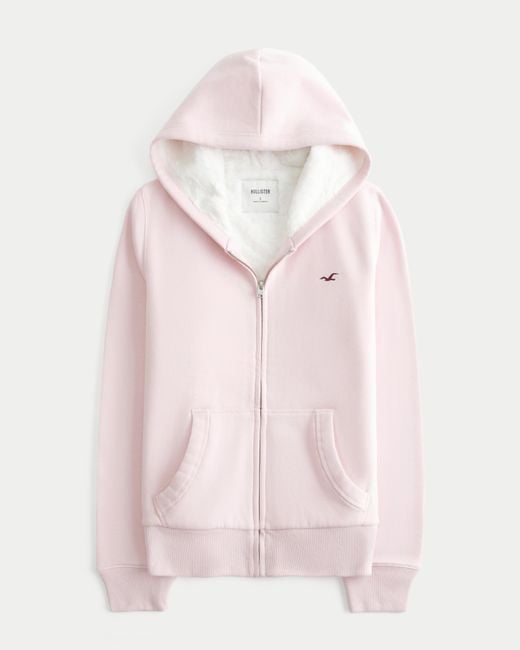 Hollister Faux Fur-lined Zip-up Hoodie in Pink | Lyst UK