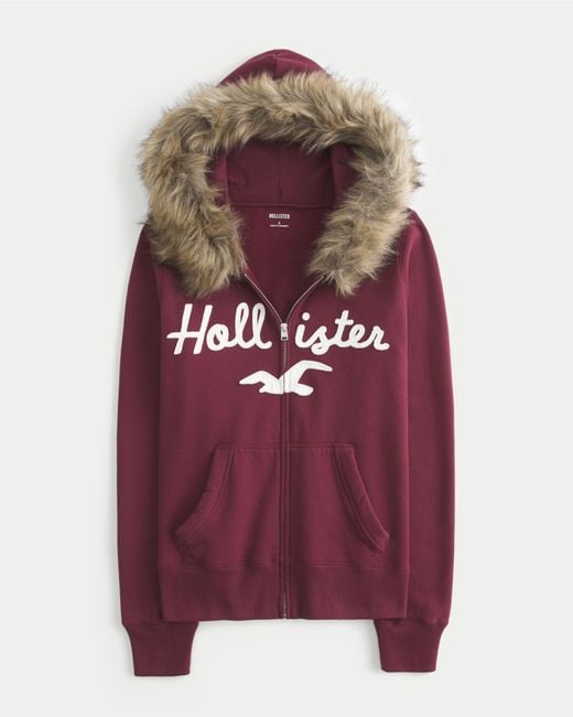 Hollister Faux Fur Trim Logo Graphic Zip-up Hoodie in Red | Lyst UK
