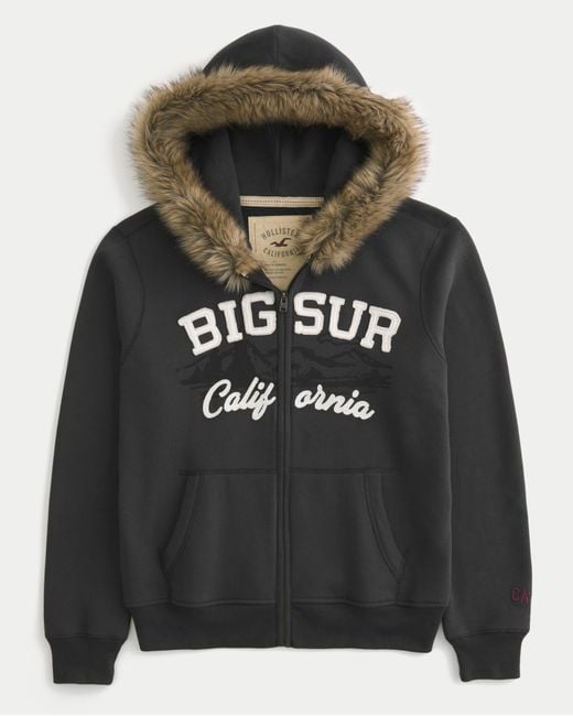 Hollister Faux Fur Trim Zip-up Big Sur Graphic Hoodie in Black for Men ...
