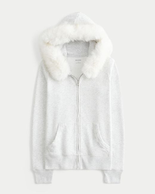 Hollister Faux Fur Trim Zip-up Hoodie in White | Lyst UK