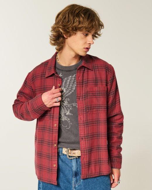 Hollister Boxy Thermal-lined Flannel Shirt in Red for Men | Lyst UK
