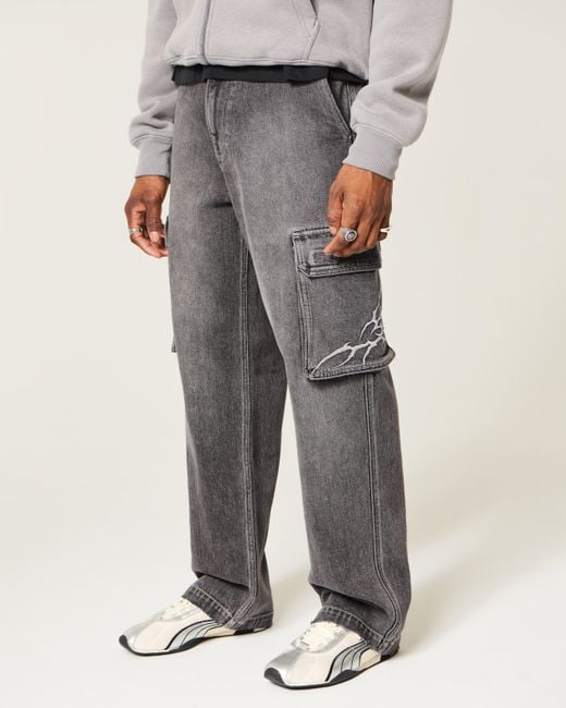 Hollister Grey Embroidered Baggy Cargo Jeans in Grey for Men | Lyst UK