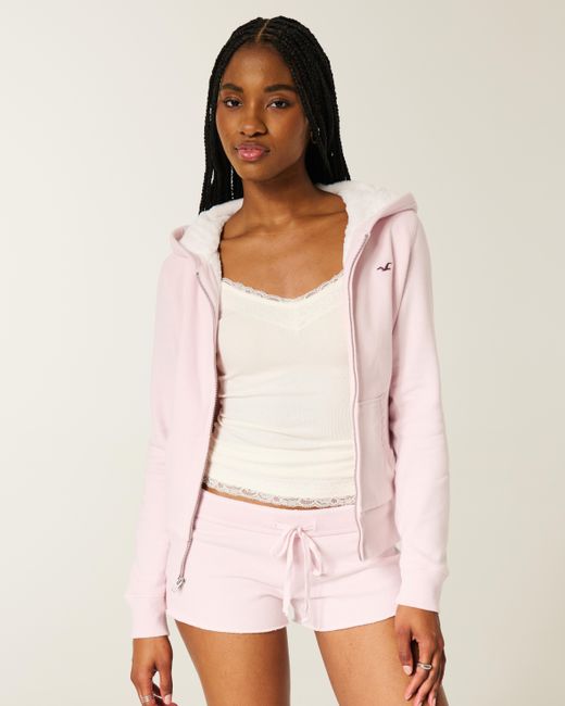 Hollister Faux Fur-lined Zip-up Hoodie in Pink | Lyst UK