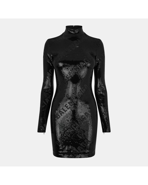 Balenciaga Sequinned Logo Mini Dress in Black | Lyst UK