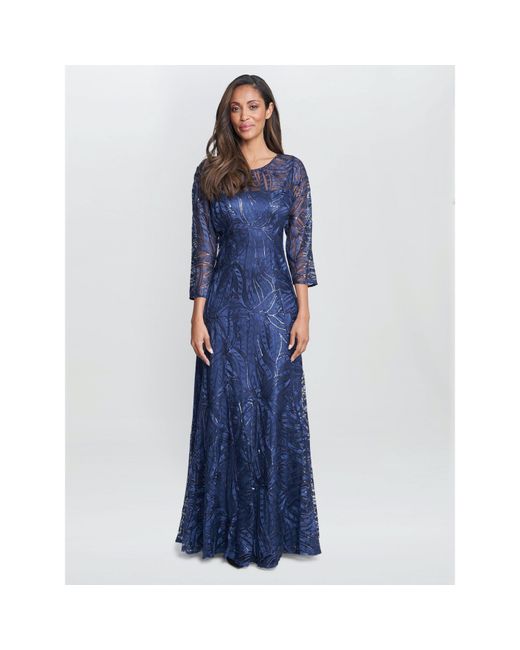 Gina Bacconi Isabel Maxi Embroidered Fit And Flare Dress in Blue | Lyst UK